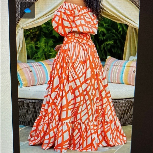 Unbranded | Dresses | Vibrant Orangewhite Bold Pattern Twopiece Dress ...